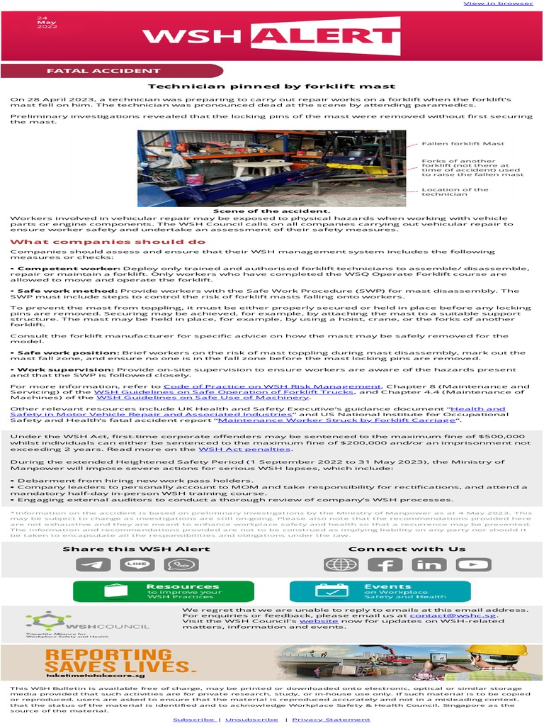 WSH Alert Tech Pinned by Forklift Mast | PDF