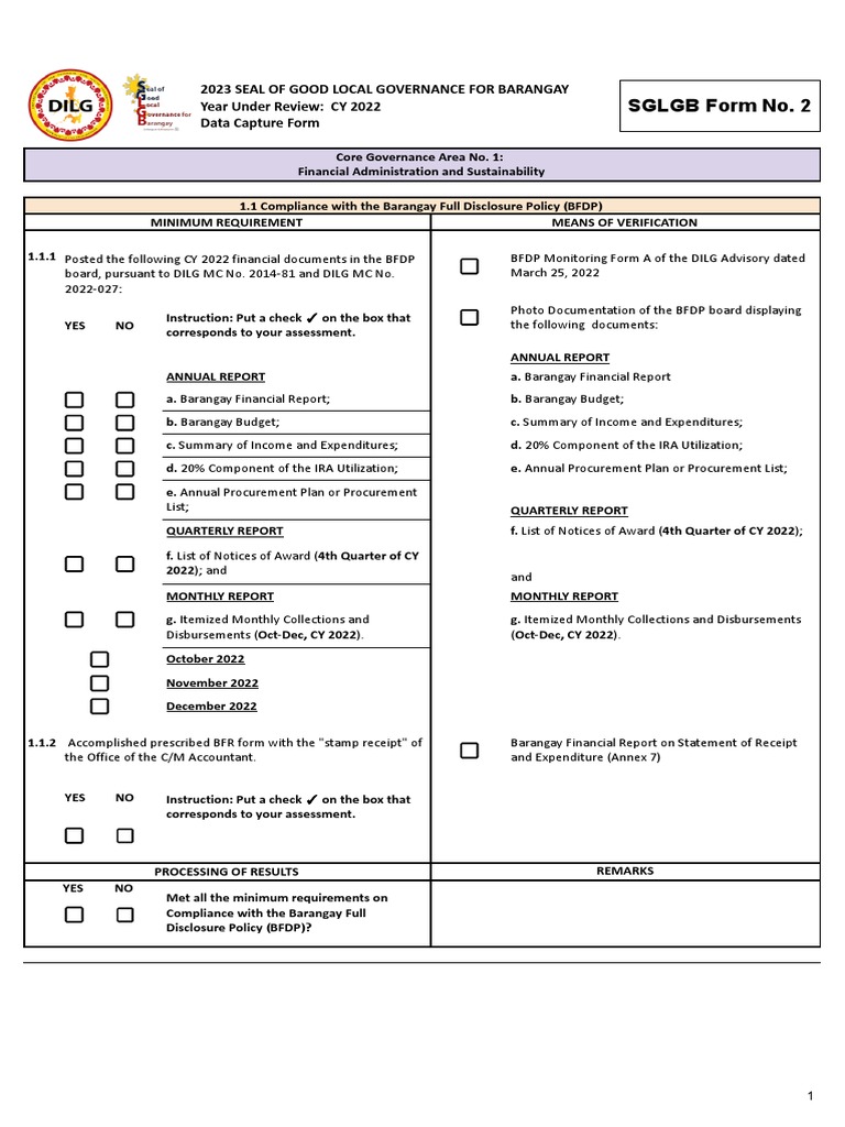SGLG Barangay Assessment Checklist 2023 | PDF | Hazards | Risk Assessment