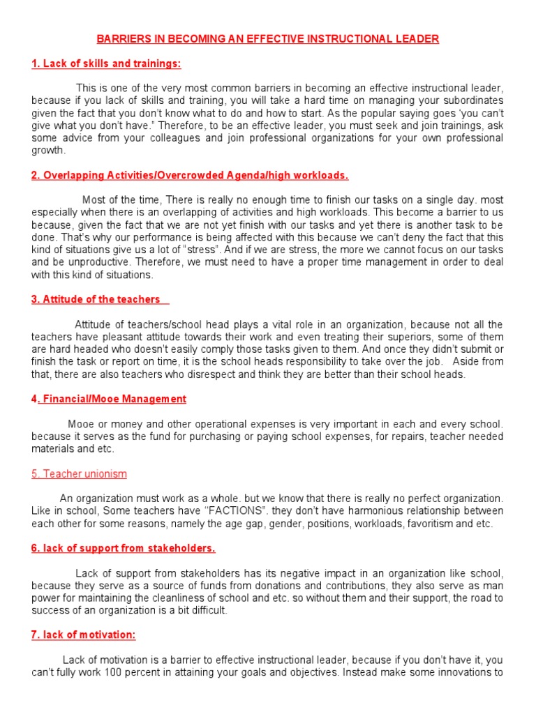 Barriers To Become An Effective Instructional Leader | PDF | Motivation ...