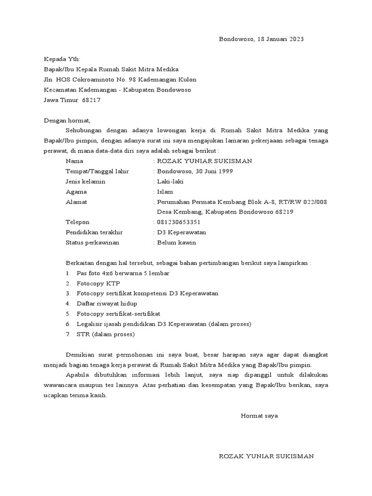 Surat Lamaran Rozakys | PDF | Pengembangan Diri | Kesehatan Holistik