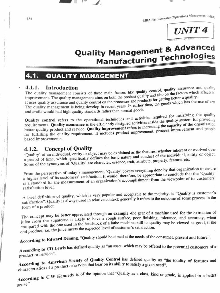 Unit 4.. Quality Management and Advanced Manufacturing Technologies | PDF