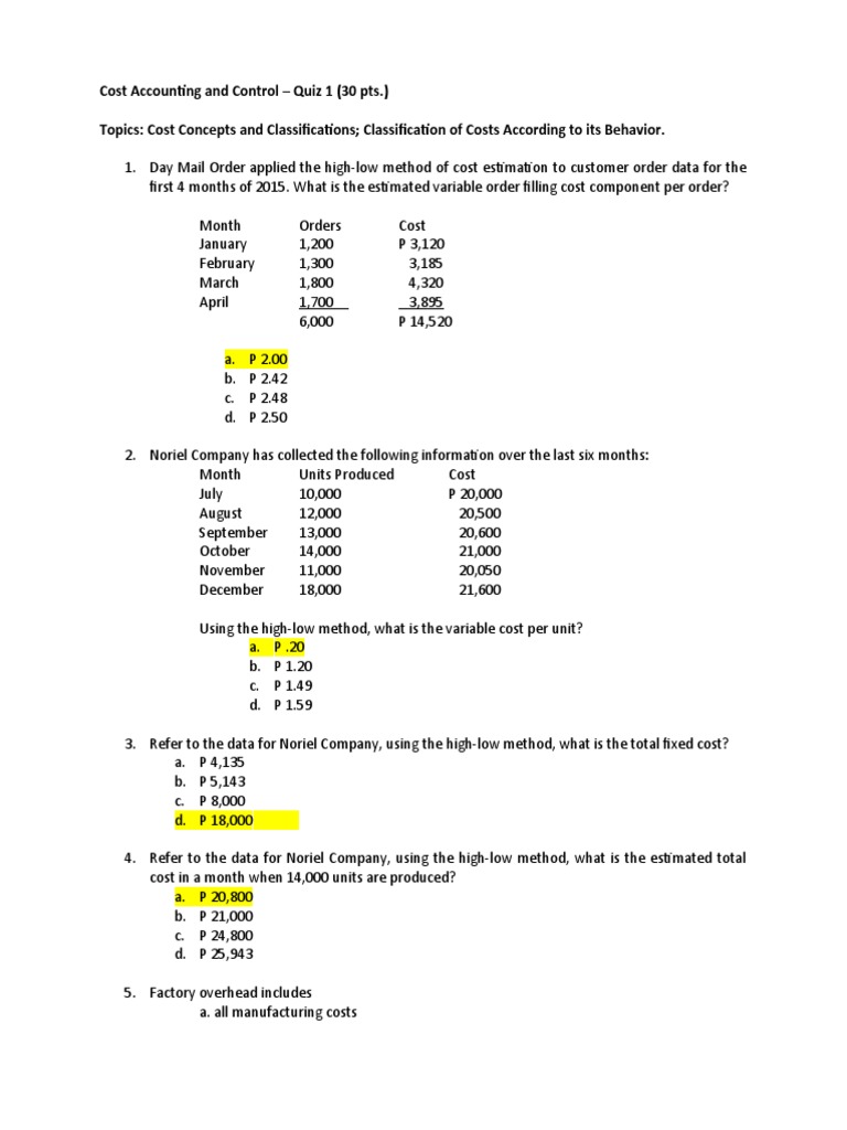 2 3 Quiz Cost Concepts Classification Cost Behavior Pdf