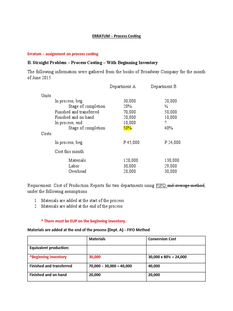 Erratum - Activities - Process Costing | PDF | Inventory | Accounting