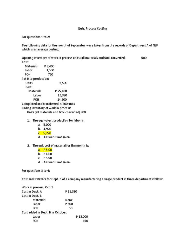Quiz Process Costing | PDF