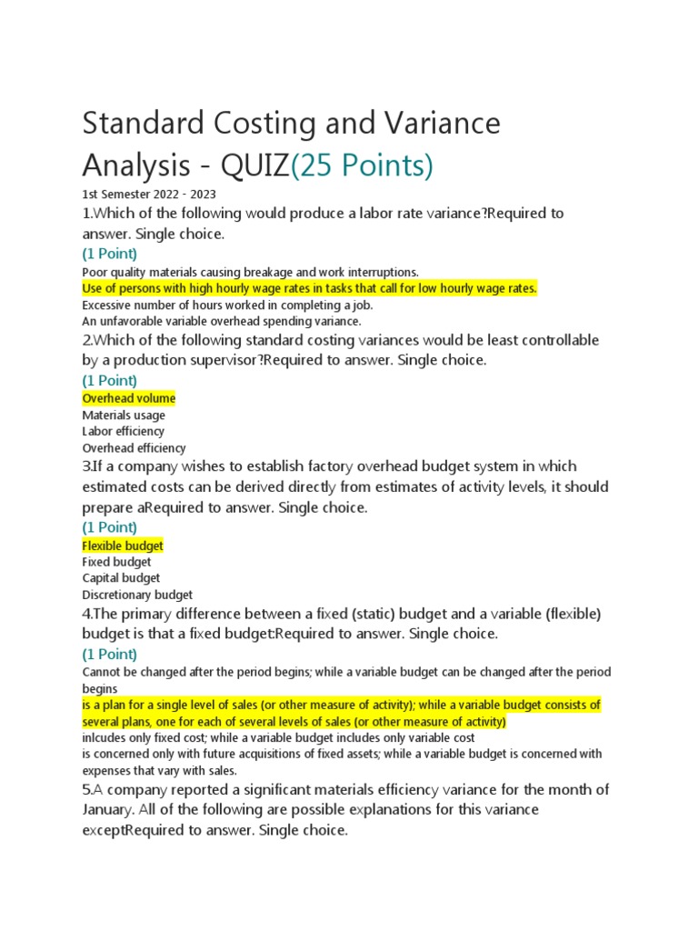 Standard Costing and Variance Quiz | PDF