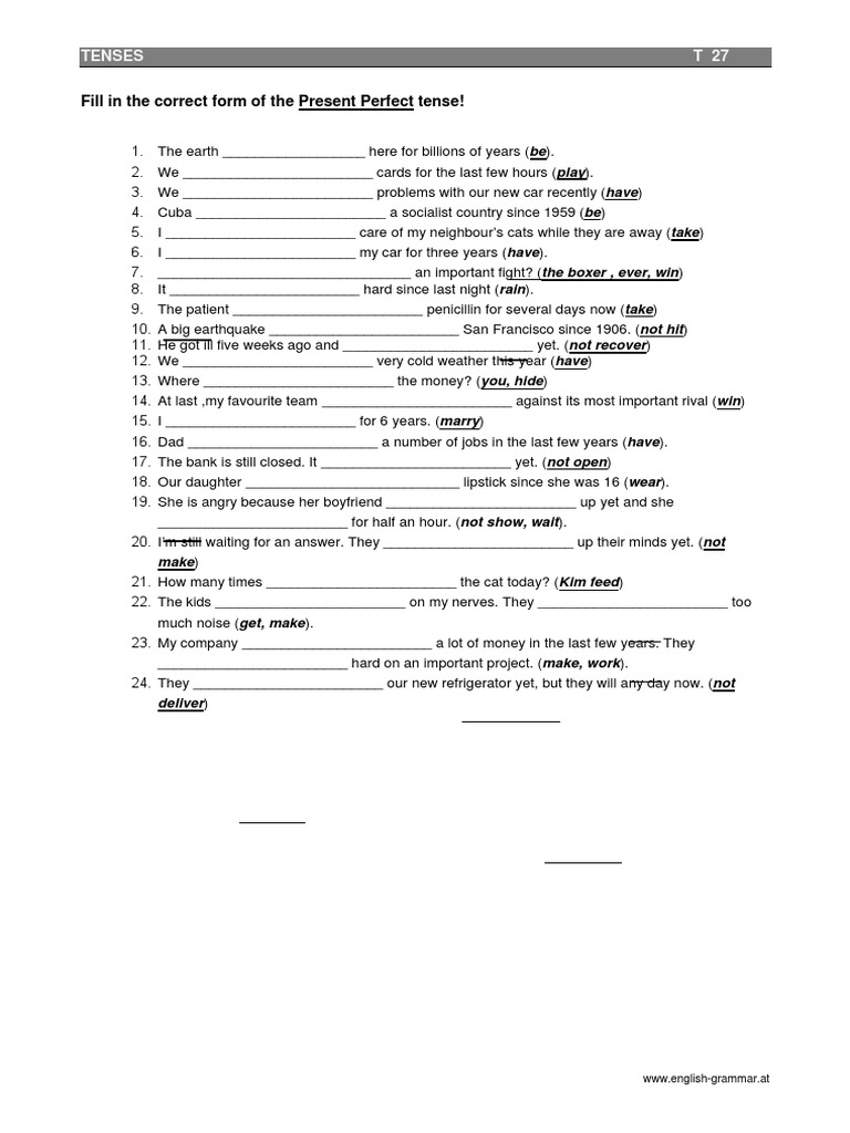 Fill in The Correct Form of The Present Perfect Tense!: Tenses T 27 | PDF