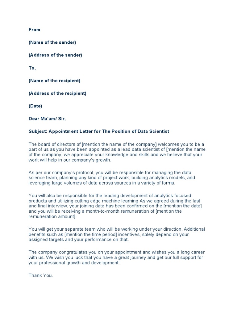 Data Scientist Appointment Letter Template - 1 | PDF