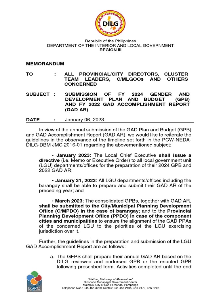 Memorandum Submission of Fy 2024 Gpb and Fy 2022 Gad Ar | PDF
