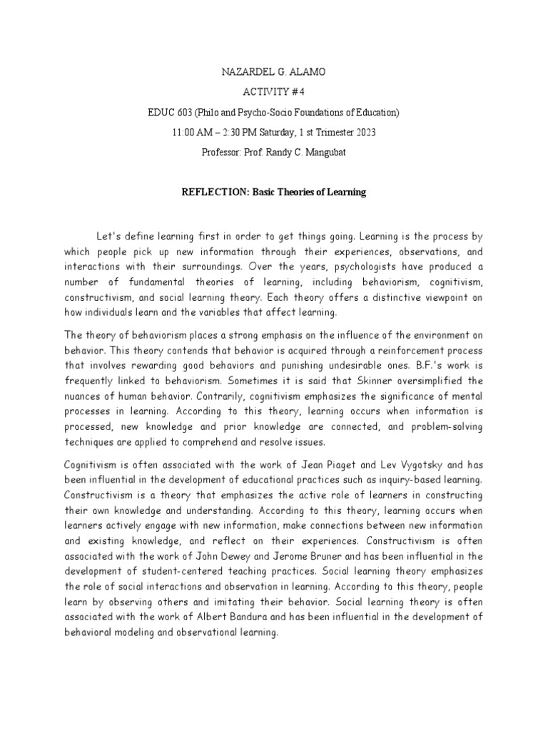 Reflection Activity 4 Basic Theories of Learning | PDF