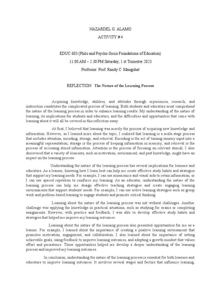 Reflection Act.4 The Nature of The Learning Process | PDF | Learning | Motivational