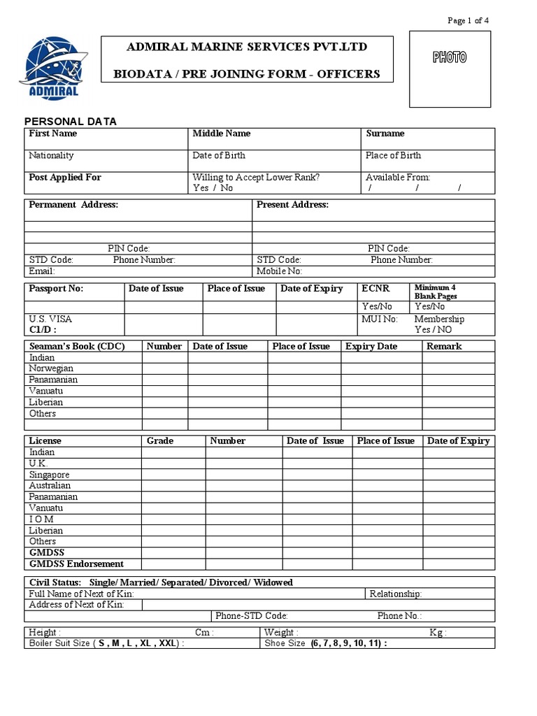 Officer Pre-Joining Form | PDF | Oil Tanker