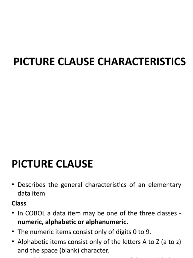 COBOL Picture Clause Guide | PDF | Mathematics | Software Engineering