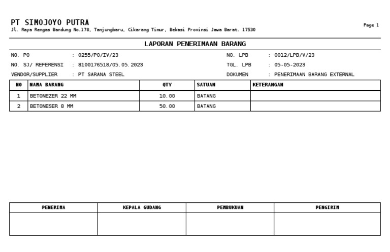 Contoh Dokumen Laporan Penerimaan Barang (LPB) | PDF