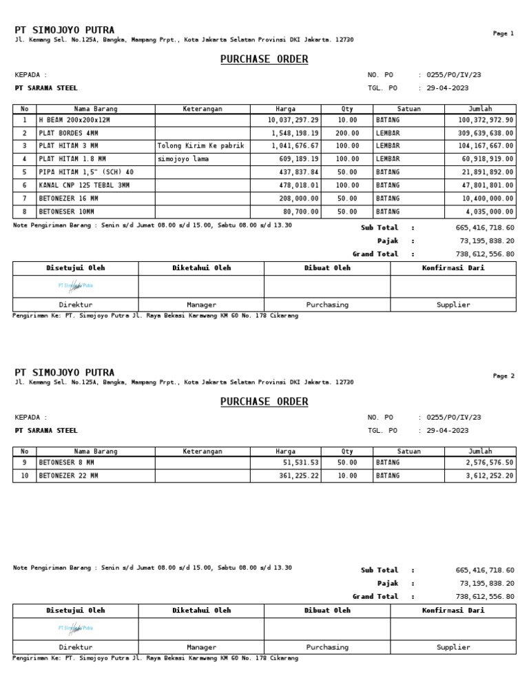 Contoh Dokumen Purchase Order (PO) | PDF