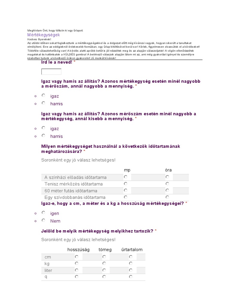 Mértékegységek Feladatlap | PDF