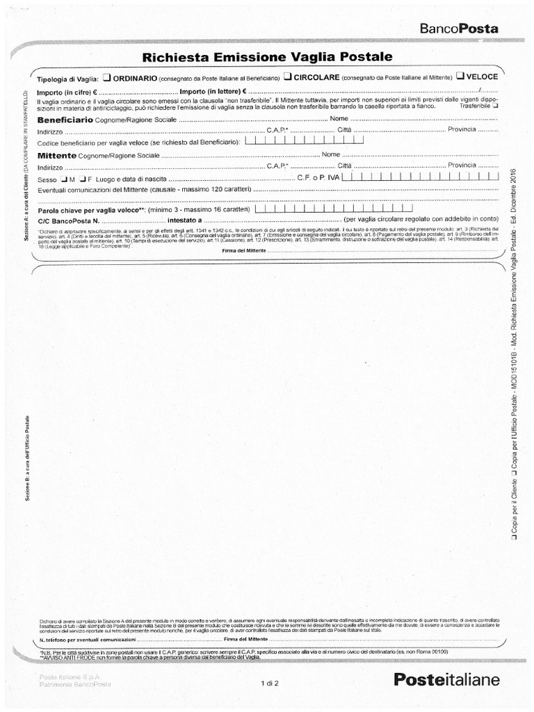 Modulo Vaglia Postale Ordinario PDF | PDF