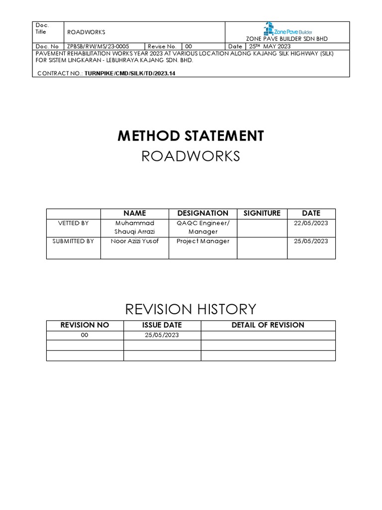 1.method Statement - Roadwork ZPB | PDF | Road Surface | Asphalt