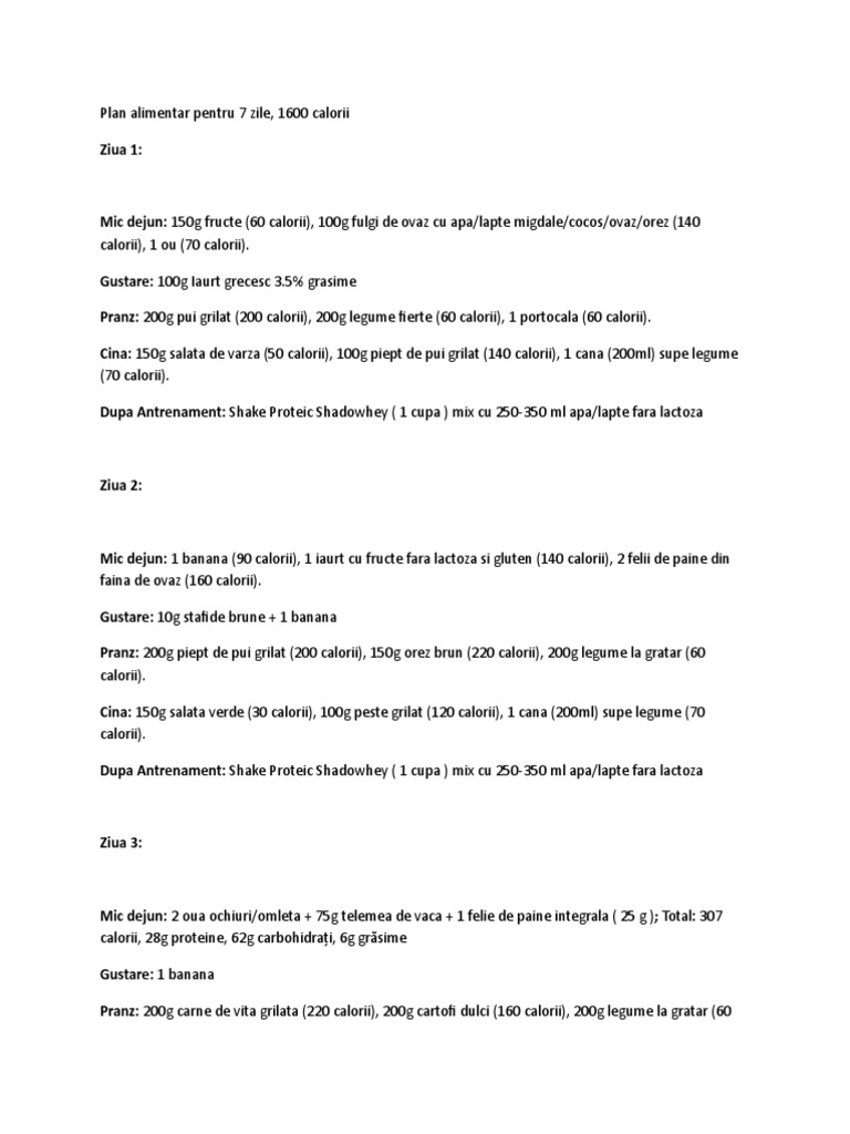 Plan Alimentar 1600 Calorii | Descargar gratis PDF | Vegetales | Cultivos