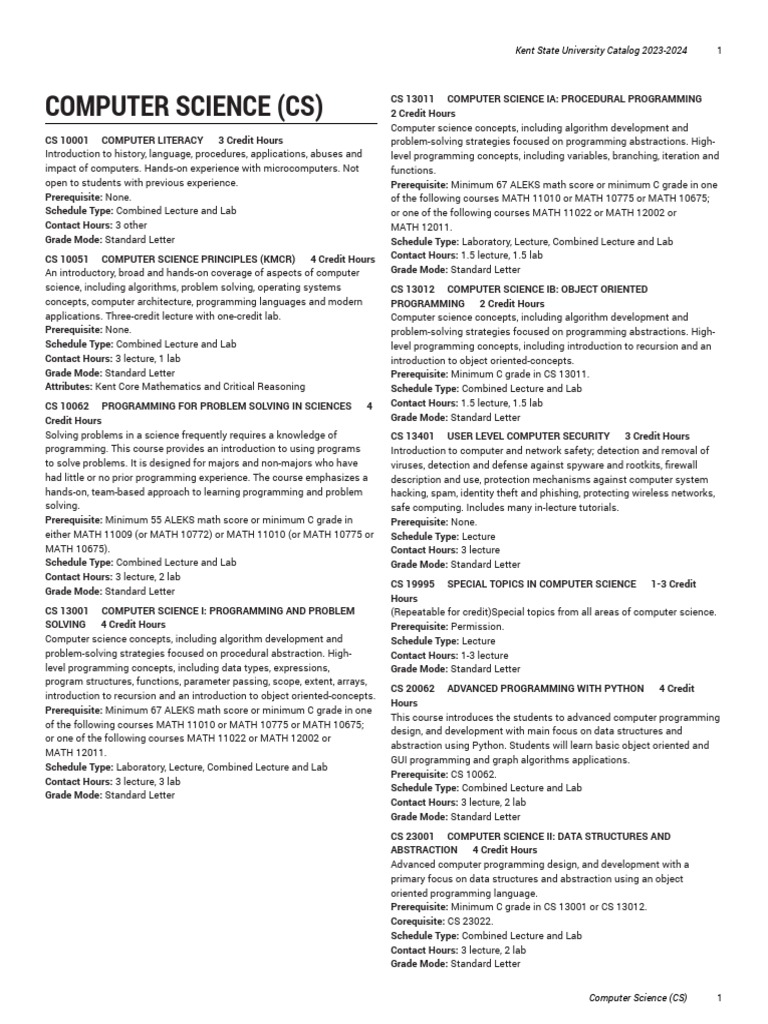 Computer Science (CS) : Kent State University Catalog 2023-2024 | PDF | Computer Programming ...