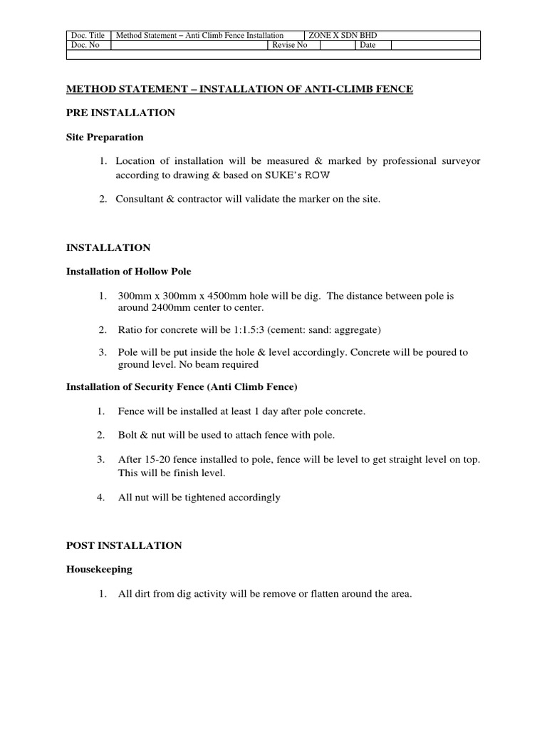 Method Statement - Anticlimb Fencing | PDF