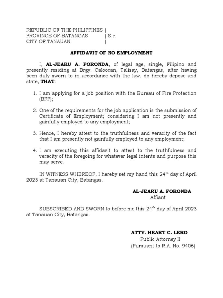 Affidavit of No Employment | PDF