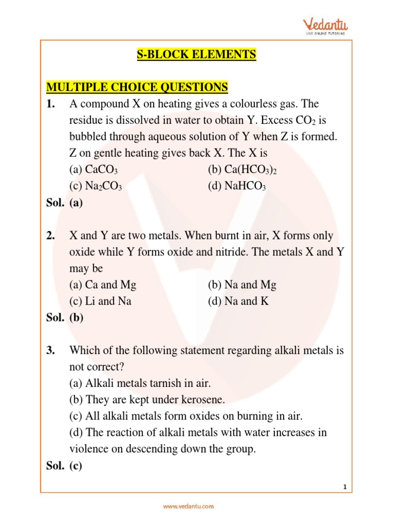 JEE Main S Block Elements Important Questions | PDF | Sodium | Sodium ...