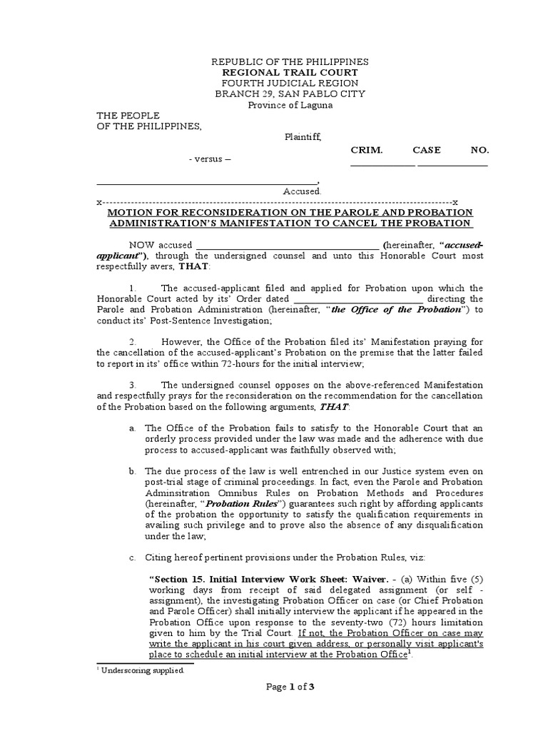 Motion to Reconsider Probation Cancellation | PDF | Probation | Government