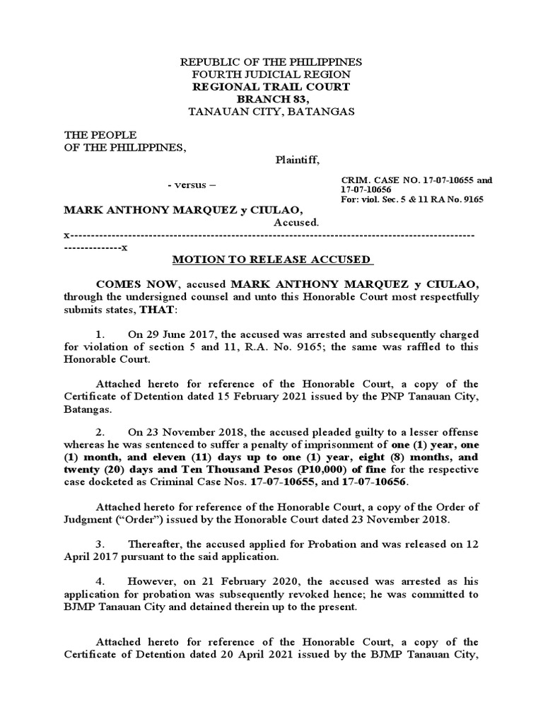 Motion for Release of Mark Anthony Marquez | PDF | Justice | Crime & Violence