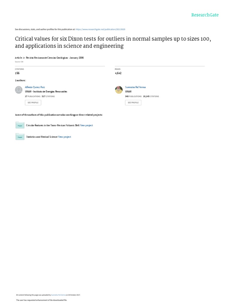 Critical Values for Six Dixon Tests for Outliers i | PDF