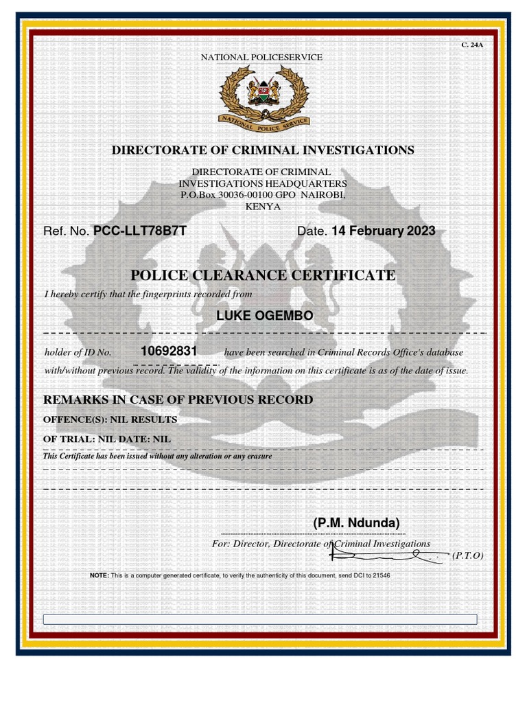 Police Clearance Certificate for Luke Ogembo | PDF