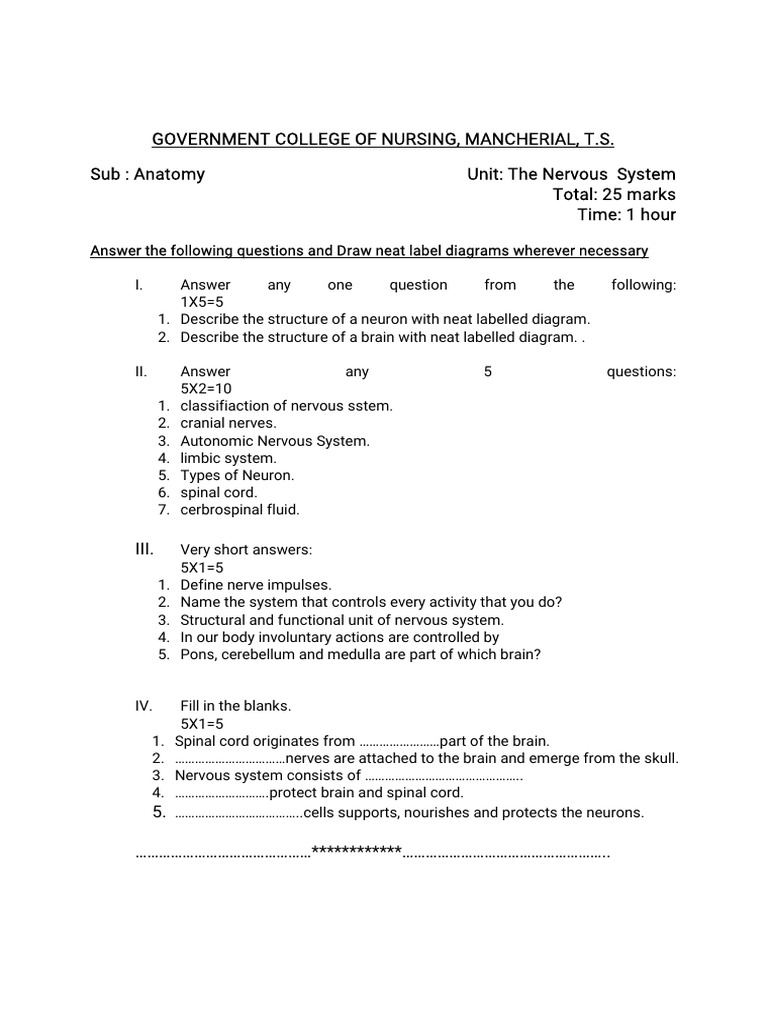 nervous system question paper | PDF