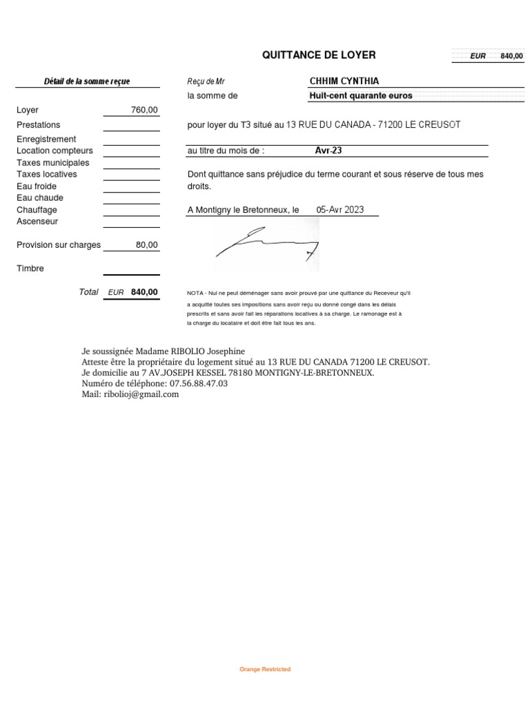 Quittance de Loyer Mensuelle Avril 2023 | PDF