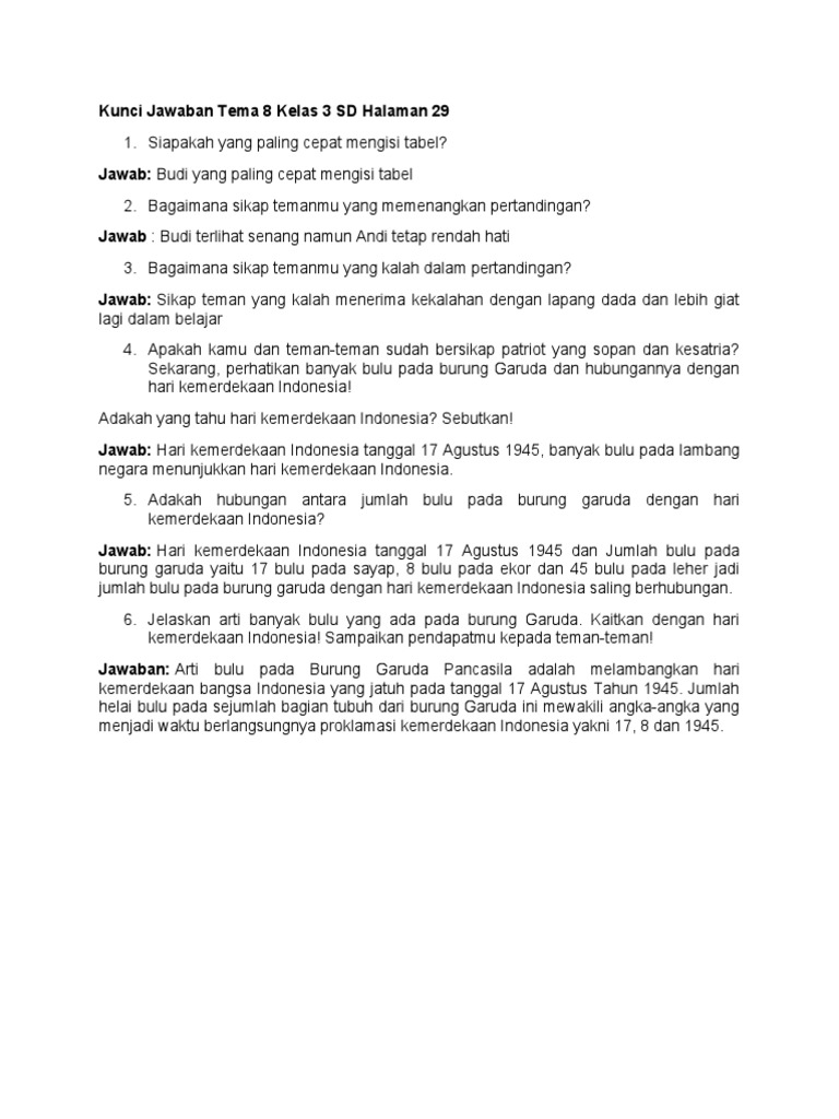Kunci Jawaban Tema 8 Kelas 3 SD Halaman 29 | PDF