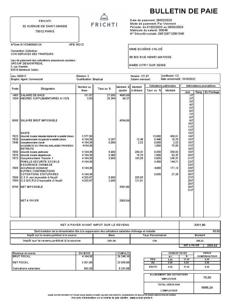 Fiche de Paie Février 2023 | PDF
