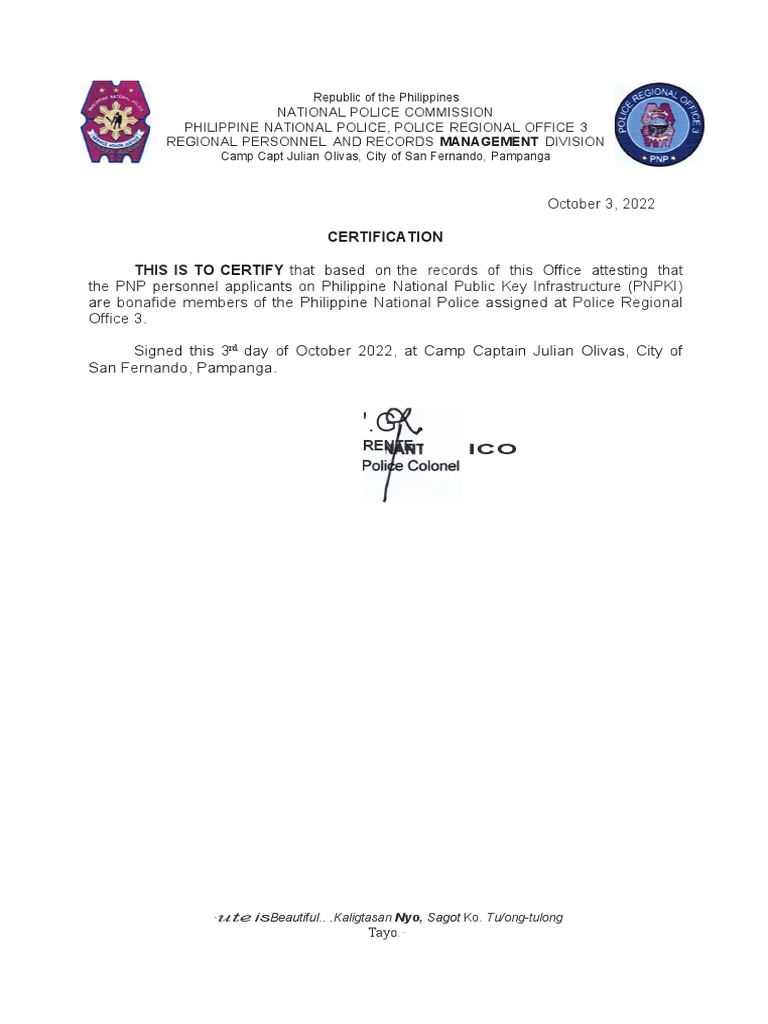 PNP Personnel Certification Document | PDF