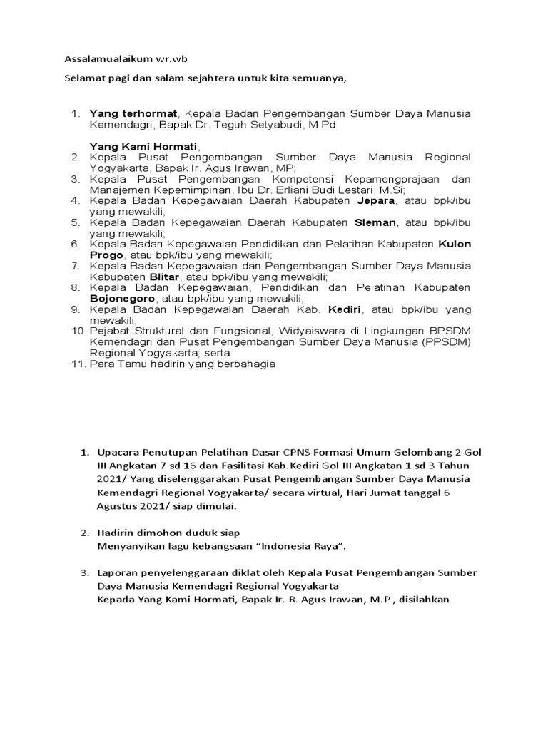 Contoh MC Penutupan Latsar | PDF | Karier & Perkembangan | Kajian ...