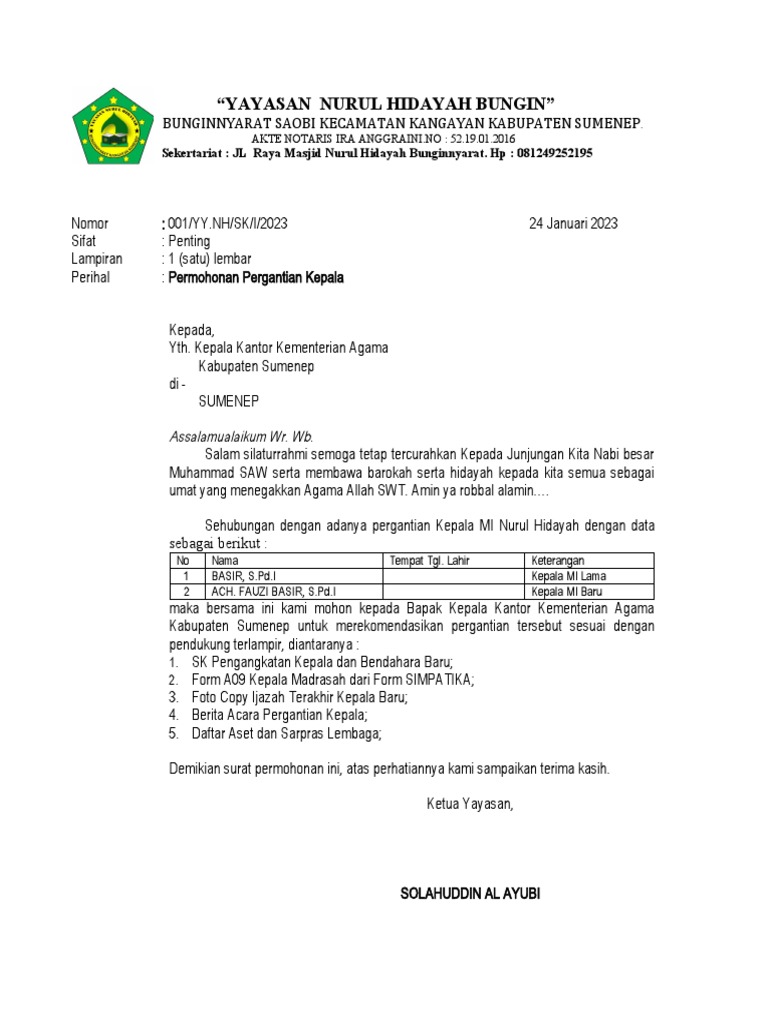 Contoh Surat Permohonan Pergantian Kepala | PDF