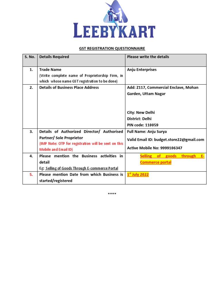 LeebyKart Gst Questionnaire | PDF