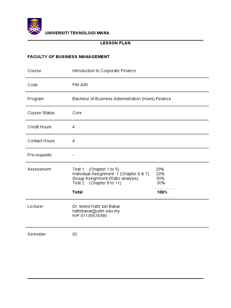 FIN 430: Corporate Finance Course Plan | PDF | Career & Growth | Business