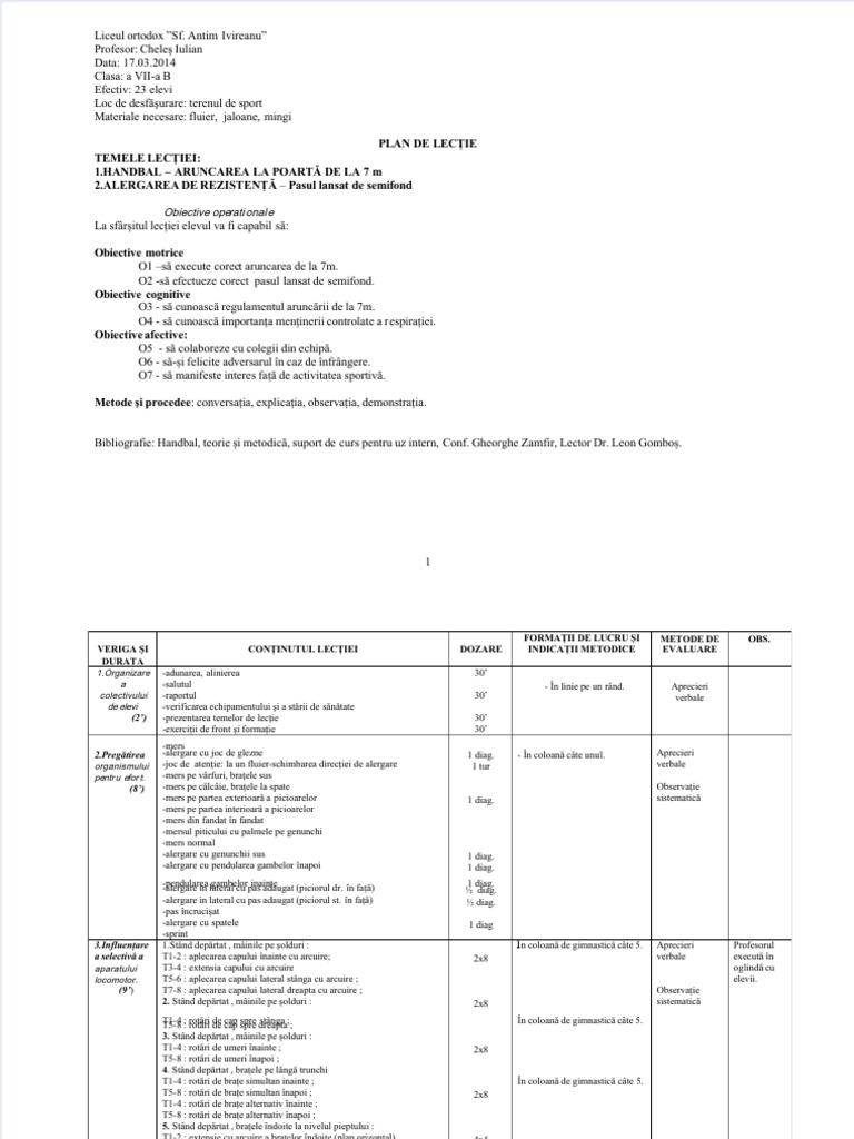 Plan de Lectie Clasa A VII-a Educatie Fizica Si Sport | PDF