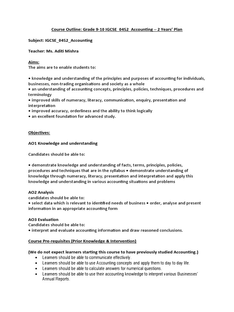 Course Outline 0452 Accounting IGCSE | PDF | Educational Assessment ...