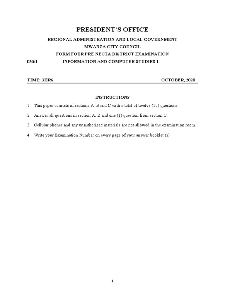 Ics F4-Mek Form Iv Paper 1 - Mwanza | PDF