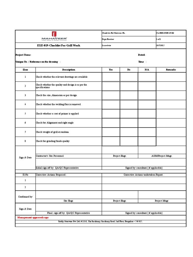019- CHECKLIST FOR grill work | PDF