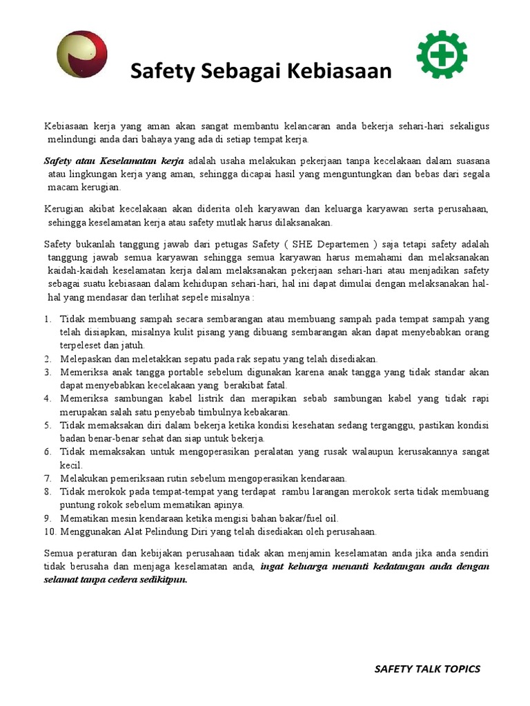 Kebiasaan Safety di Tempat Kerja | PDF