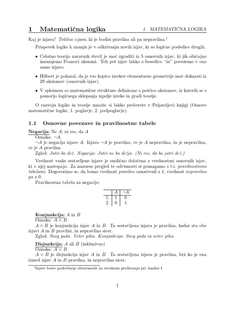 1 Matemati Cna Logika: 1.1 Osnovne Povezave in Pravilnostne Tabele | PDF