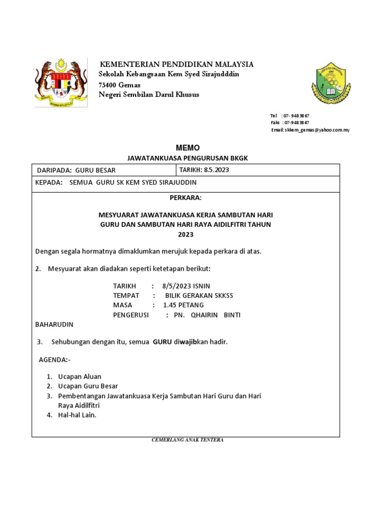 Memo Jawatankuasa Kerja Sambutan Hari Guru Dan Hari Raya Aidilfitri ...