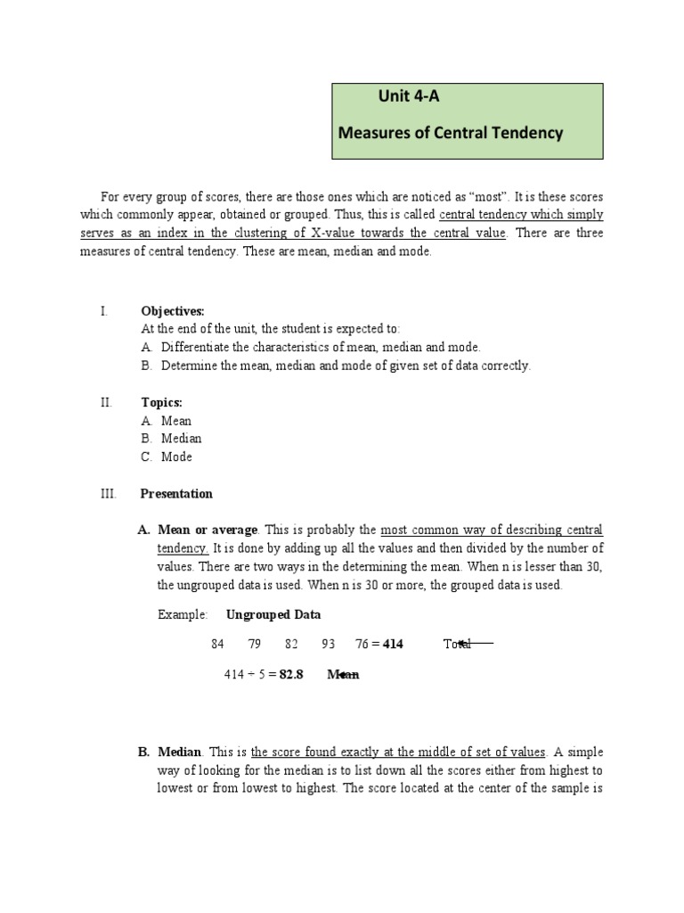 CAF Unit 4 Lecture Central Tendency | PDF | Mean | Median