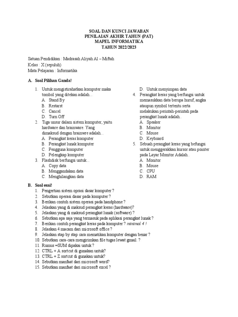 Soal Dan Kunci Jawaban Pat Tik Kelas 10 | PDF