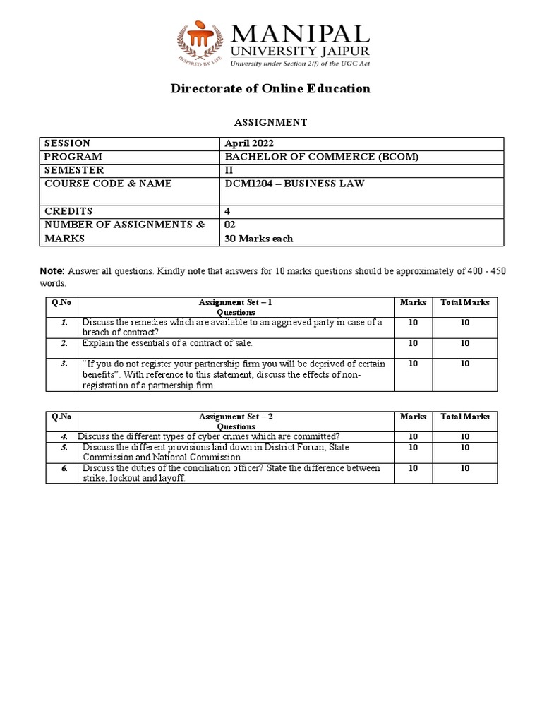 Assignment_DCM1204_Business Law_BCom 2_Set 1&2 | PDF