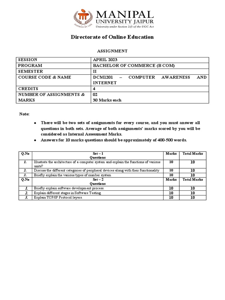 BCom Computer Awareness Assignments | PDF